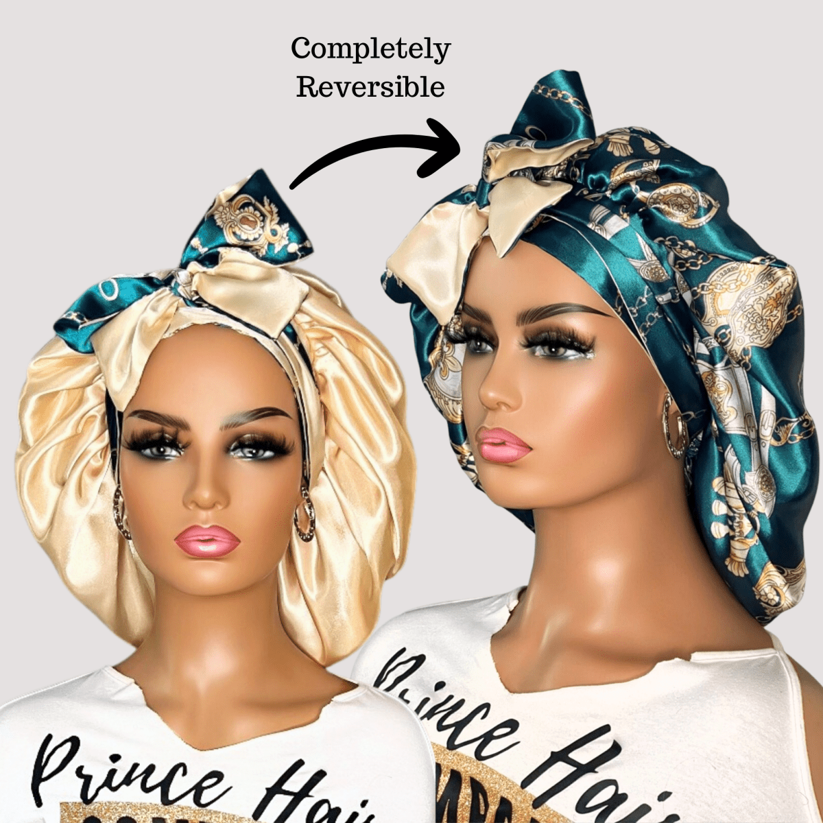 Teal Green and Gold Chains ALL Satin Reversible Bonnet - PHC